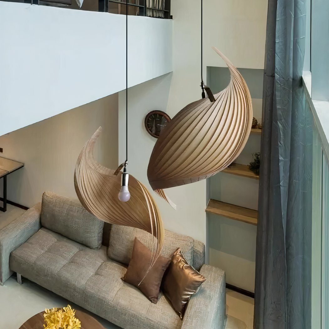 Araña LED de madera con formas originales • Tendencia Luminarias