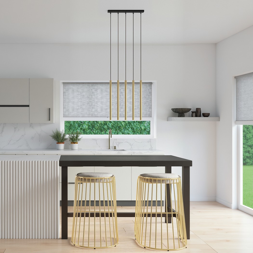 Lámpara colgante tubular múltiple de metal dorado • Tendencia Luminarias